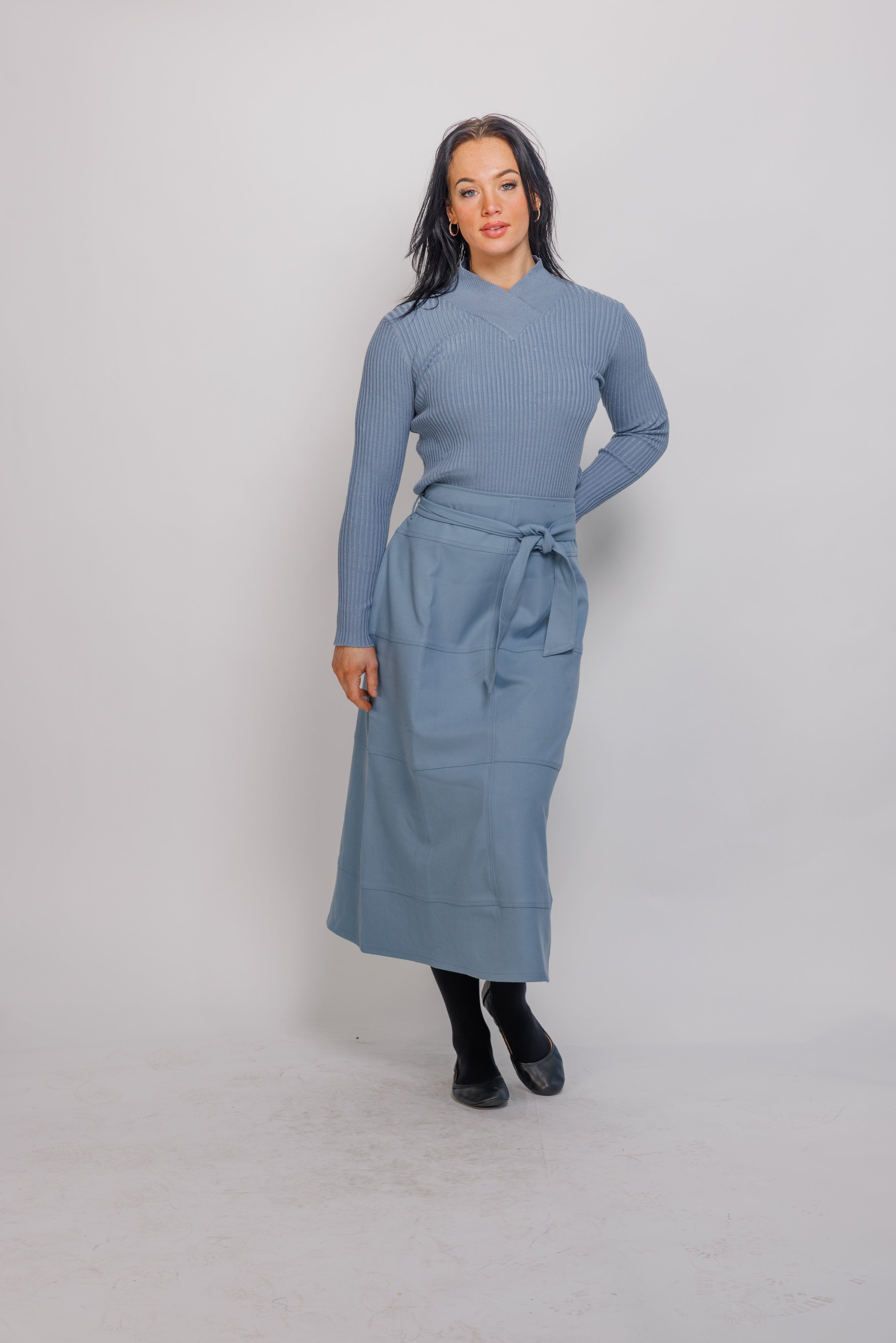 Ivee Smokey Blue A Line Skirt with Belt 25679 – Theskirtstop.com
